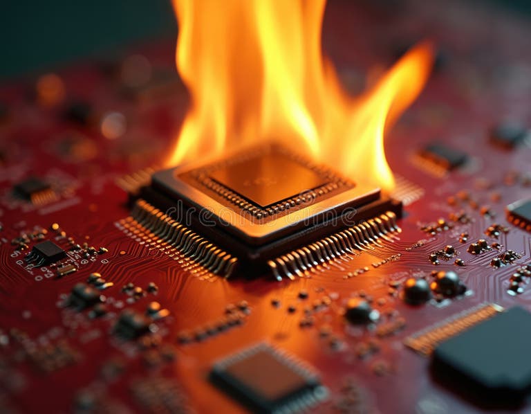 Computer Circuit Board Processor Chip Burning with Intense Flames Erupting. Close-up View of ...