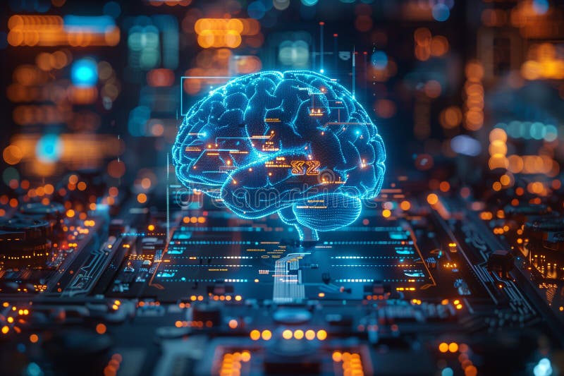 A Computer Circuit Board with a Realistic Brain Model Sitting on Top of ...