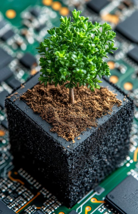 On a Computer Circuit Board, a Sapling Sprouts, Embodying Green Tech. a ...
