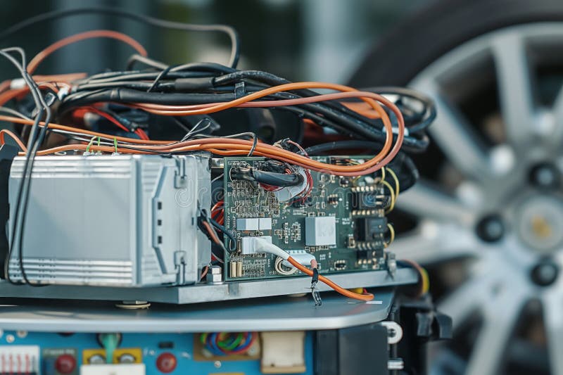 Computer Circuit Board with Wires, Components on Gray Surface. Red ...