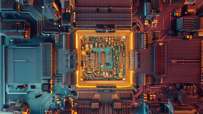 A Computer Circuit Board with a Yellow Light in the Center ...