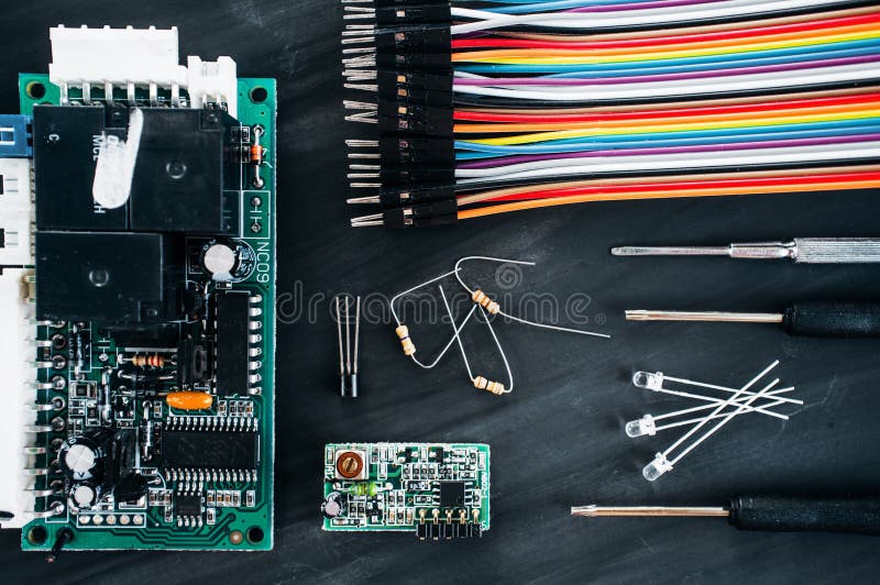Computer Circuit with Cables and Details Flat Lay Stock Image - Image ...