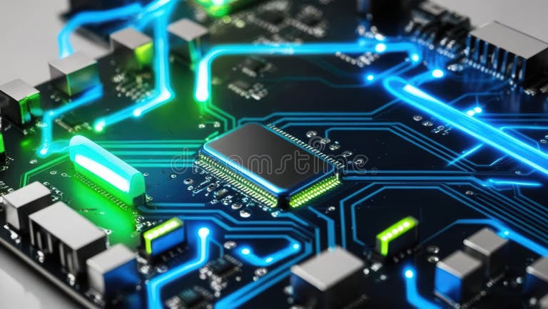 Computer Circuit with Green and Blue Lights Featuring Illuminated ...