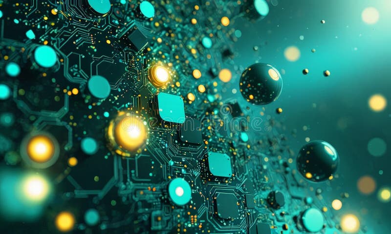 Computer Circuit with Many Small Blue and Yellow Circles Stock ...