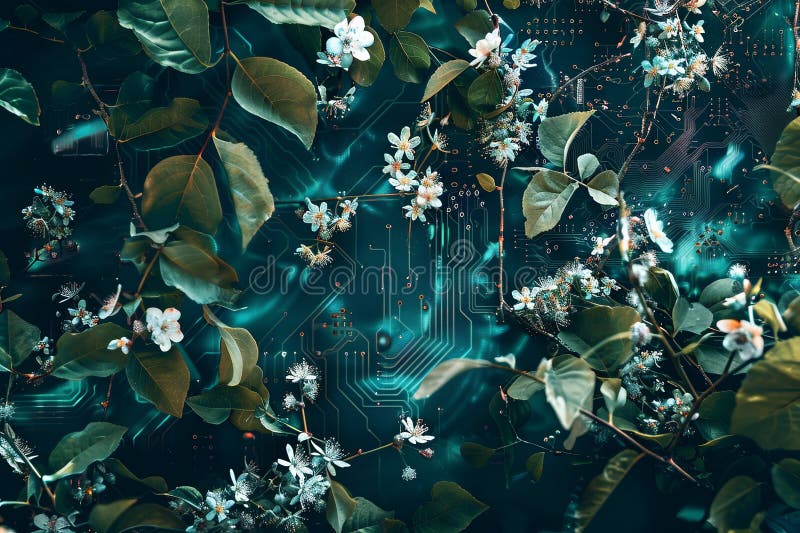 Computer Circuit Surrounded by Leaves and Flowers Stock Image - Image ...