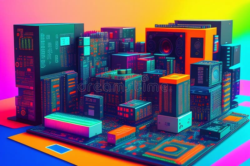 A Computer with a City on it and a Circuit Board with a Colorful ...