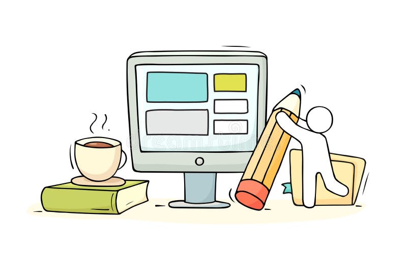 Computer Class with Studing Little Man. Doodle Cute Miniature of ...