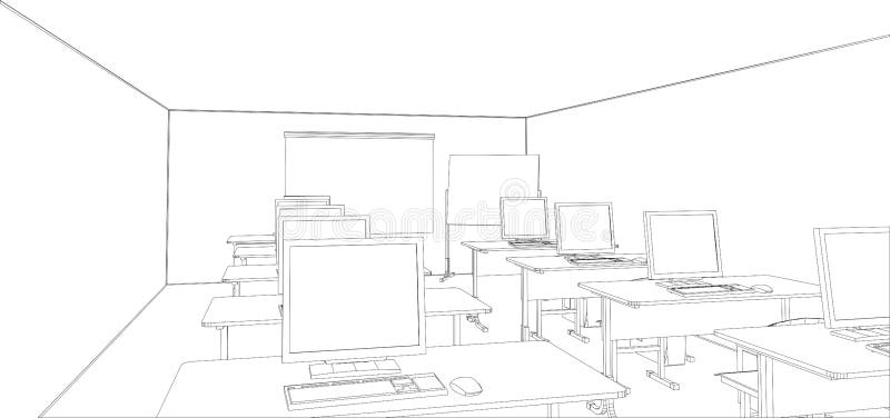 Computer Class with Tables and Computers Stock Vector - Illustration of ...