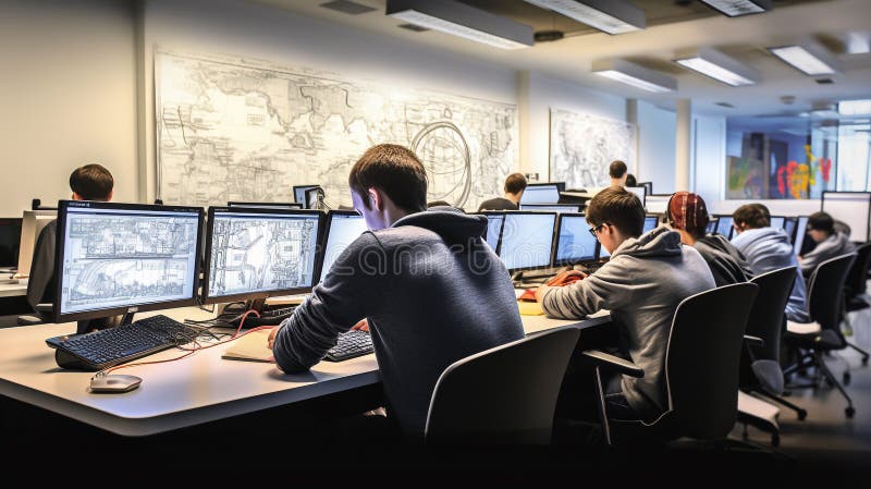 A Computer Classroom Full of Students Working Stock Illustration ...