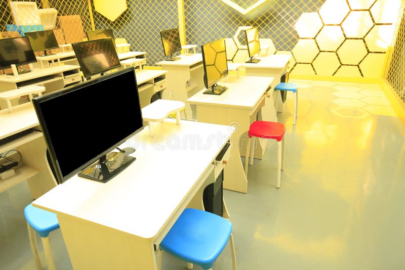 Computer Classroom, Internet Cafe Stock Image - Image of monitor ...