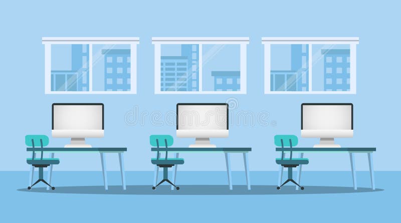 Computer Classroom with No Pupils Indoor, Blue Background, Vector ...