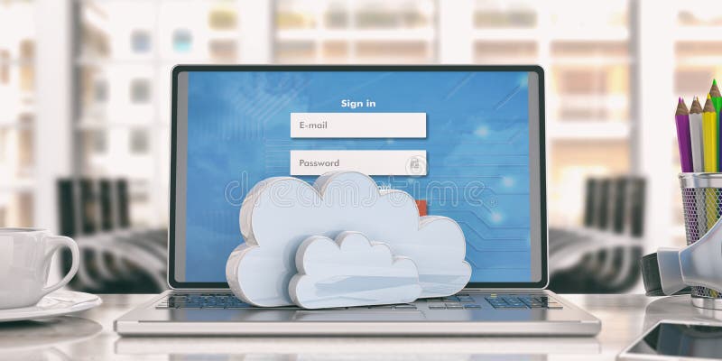 Computer Cloud Concept - Login on the Computer Screen. 3d Illustration ...