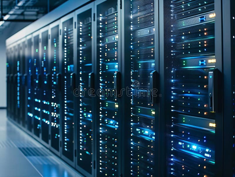 Computer Cluster of Servers in Data Center, Lined Up with Electrical ...