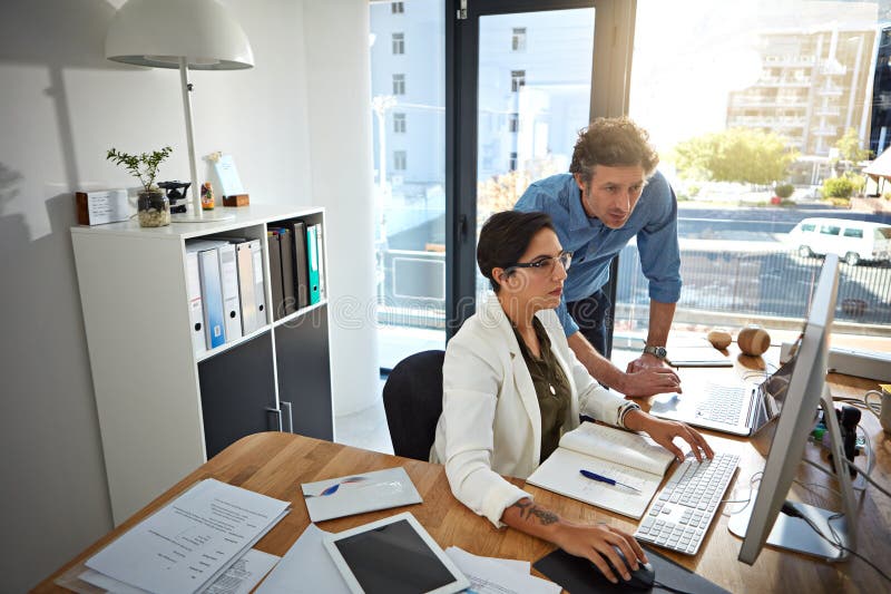 Computer, Coaching and Team of Business People Planning for Feedback ...