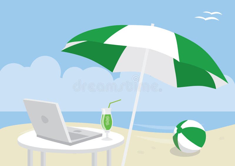 Computer with Cocktail on Idealistic Beach Stock Illustration ...
