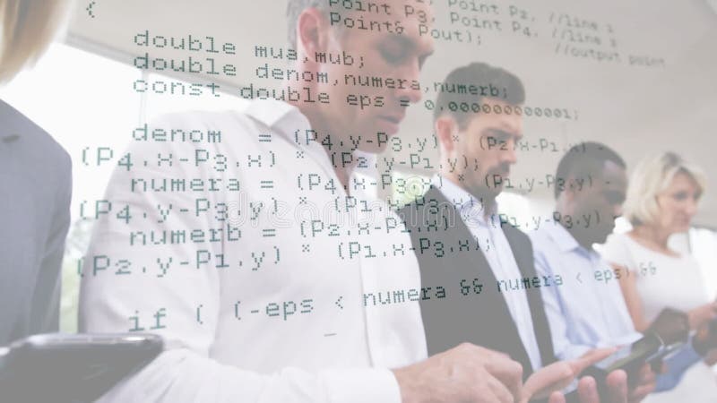 Computer Code Animation Over Business People Working on Mobile Devices ...