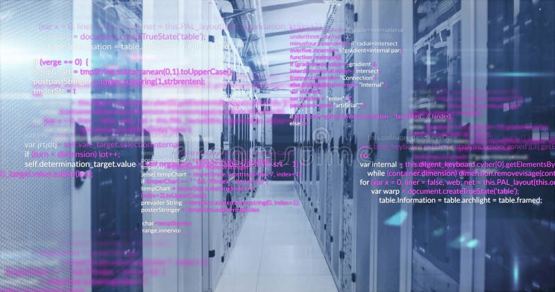 Computer Code Animation Over Data Servers in Modern Data Center Stock ...