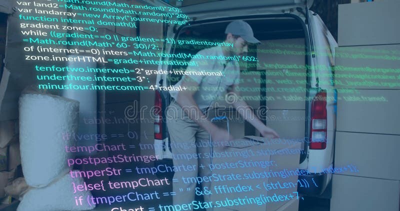 Computer Code Animation Over Delivery Worker Loading Packages into Van ...