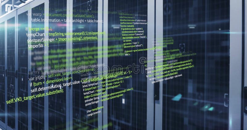 Computer Code Animation Over Server Racks in Data Center Stock Video - Video of communication ...