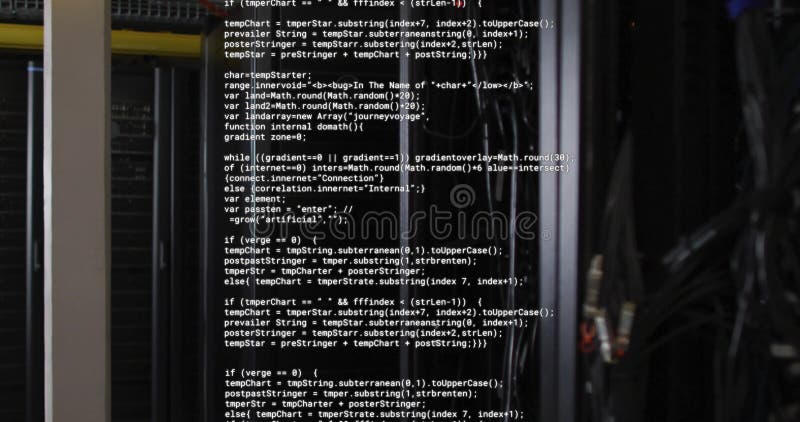 Computer Code Animation Over Server Racks In Data Center Stock Video