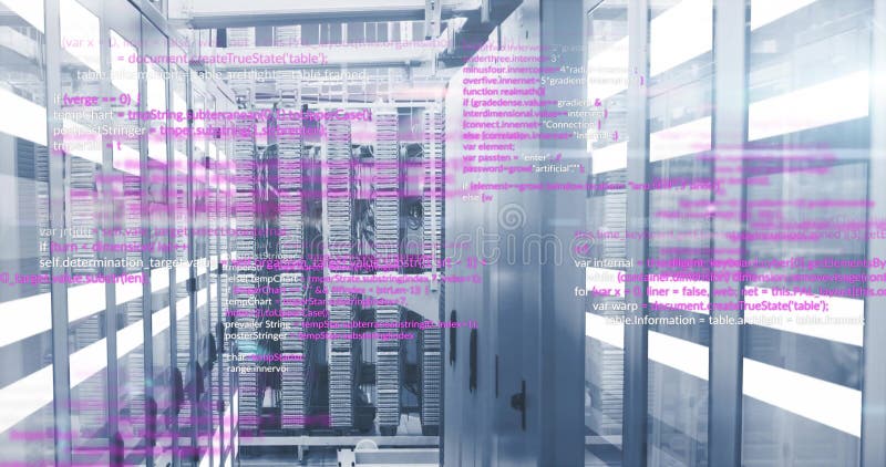 Computer Code Animation Over Servers In Data Center Stock Video Video