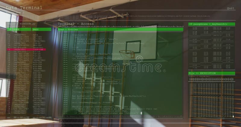 Computer Code and Data Processing Animation Over Indoor Basketball ...