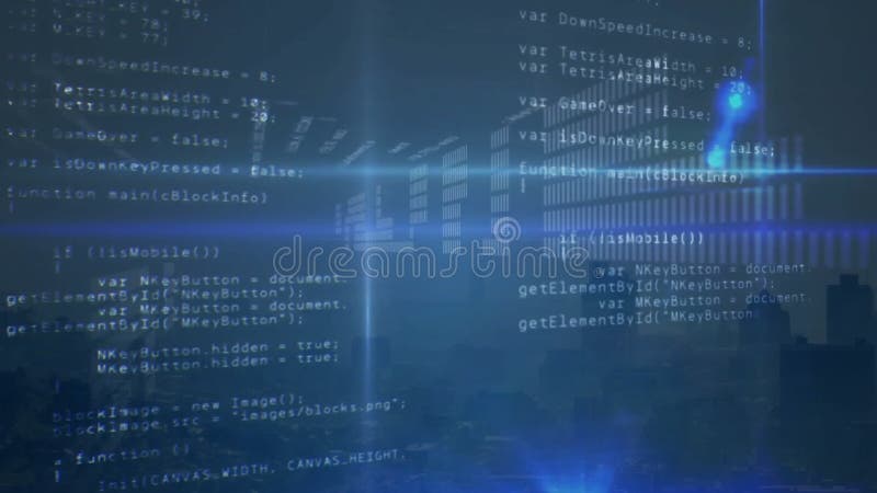 Computer Code and Digital Data Processing Animation Over Cityscape Background Stock Footage ...