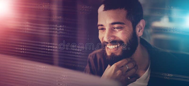 Computer Code Face And Happy Man Coding Software For Online Network Database Website Or Cloud 9637