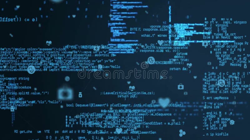 Computer Code And Icons Animation Over Dark Background With Floating
