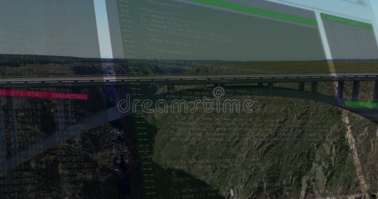 Computer Code Image Over Aerial View of Bridge and Landscape Stock ...