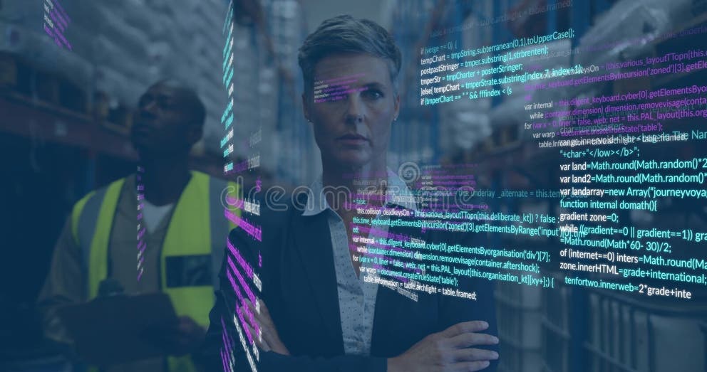 Computer Code Image Over Businesswoman in Warehouse with Worker in ...