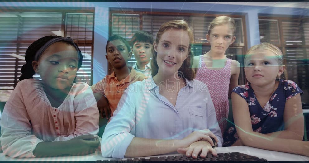 Computer Code Image Over Diverse Children and Teacher in Classroom Stock Photo - Image of girl ...
