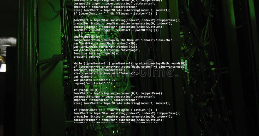 Computer Code Image Over Server Racks in Dark Room Stock Image - Image ...