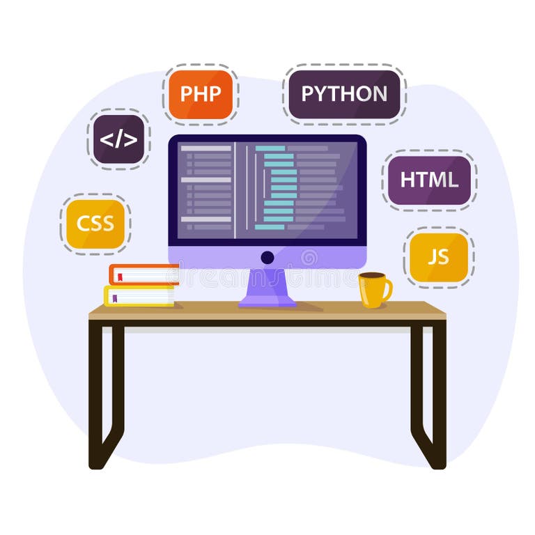 Computer with Code on the Screen. Coding at Home Concept. Flat ...