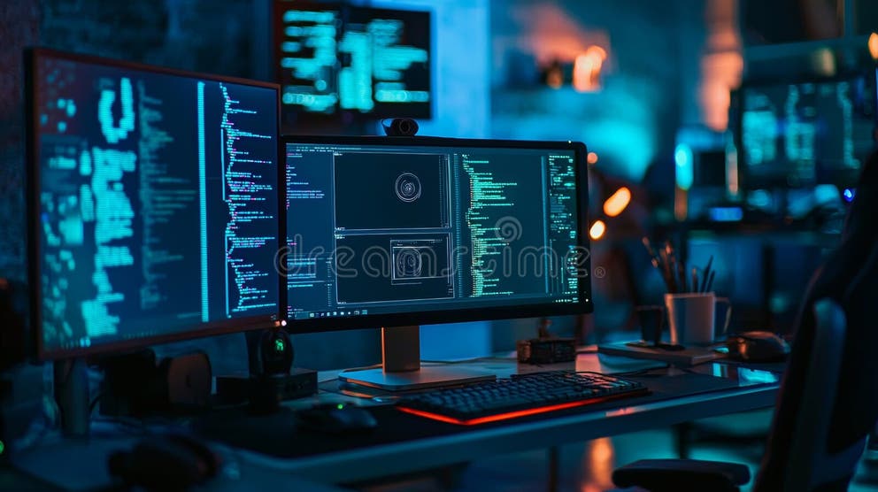 Computer Coding Workspace in a Dimly Lit Tech Office Stock Photo - Image of dark, futuristic ...