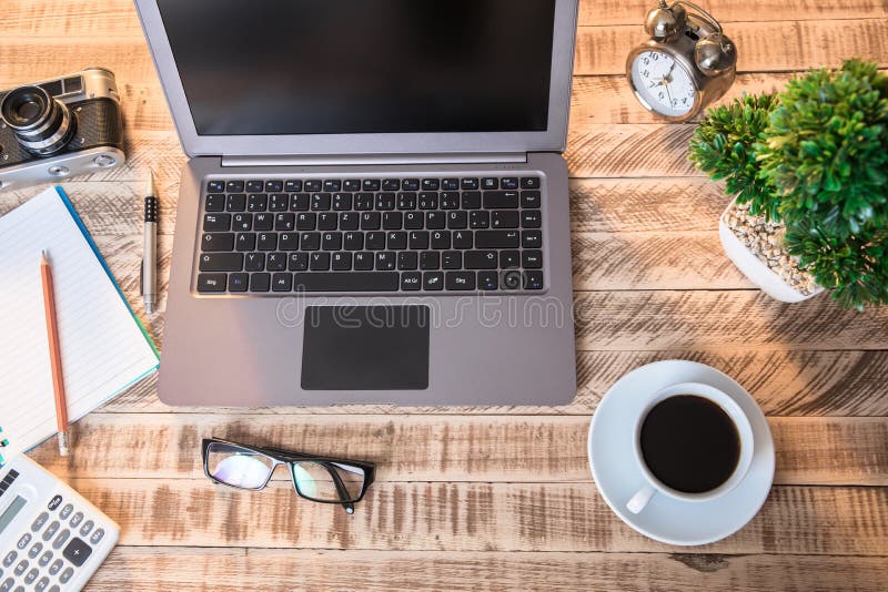 Computer with Coffee and Camera Stock Image - Image of business, office ...