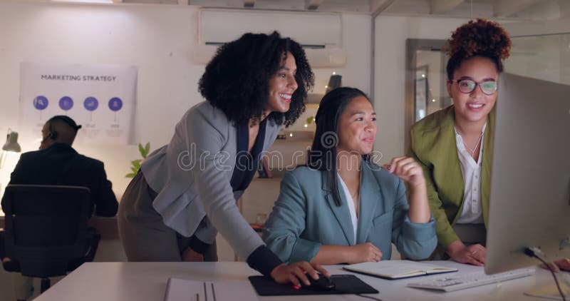 Computer, Collaboration and Business Women Talking in Office while ...