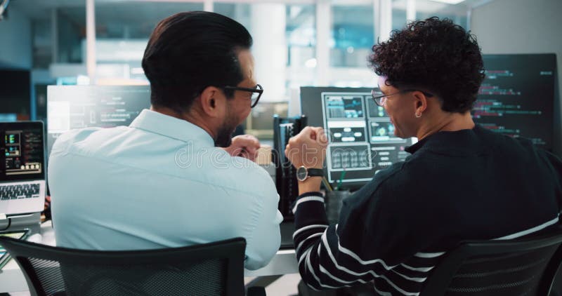 Computer, Colleagues and Men with Fist Bump, Laughing or Celebration for Coding, Back or ...