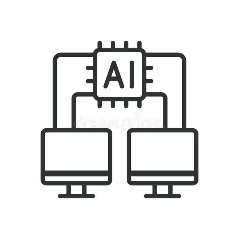 Computer Communication with AI, Icon in Line Design. Computer ...