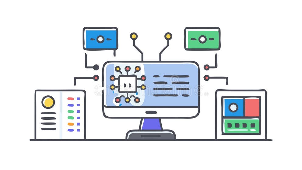 Computer with a Complex System Architecture Diagram on Screen, Vector ...