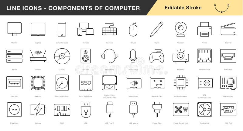 Minimalist Line Icons of Computer Components - Editable Vector Set for ...