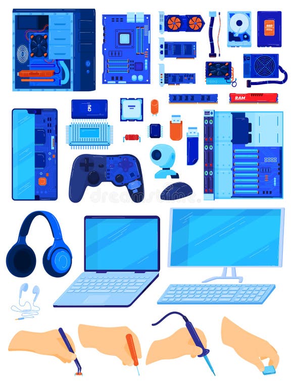 Computer Components, Database Hardware Vector Illustration Set, Cartoon ...