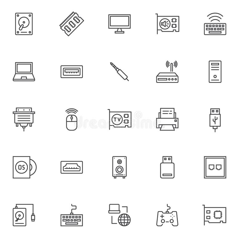 Computer Components Outline Icons Set Stock Vector - Illustration of ...