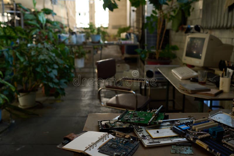 Computer Components on Table in Abandoned Building Stock Photo - Image ...