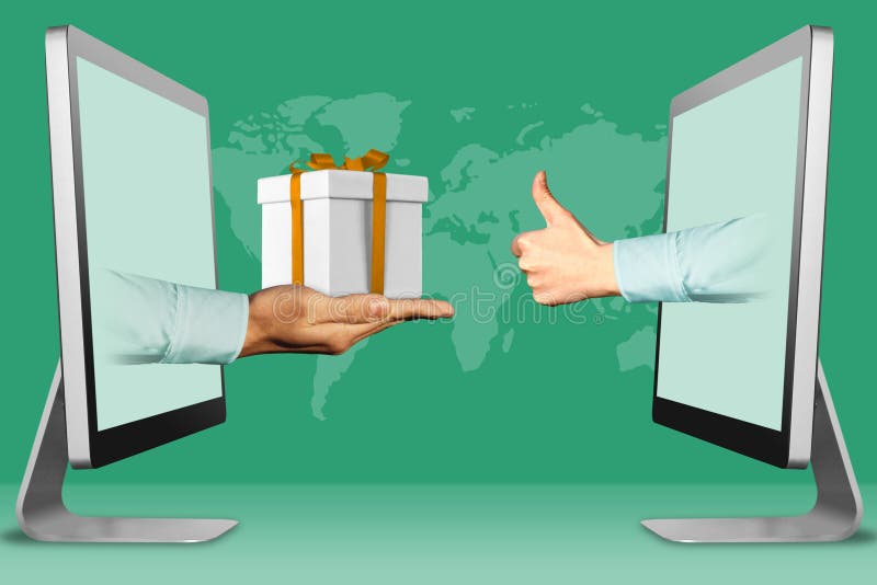 Information Concept, Two Hands from Laptops. Hand with Gift Box and ...