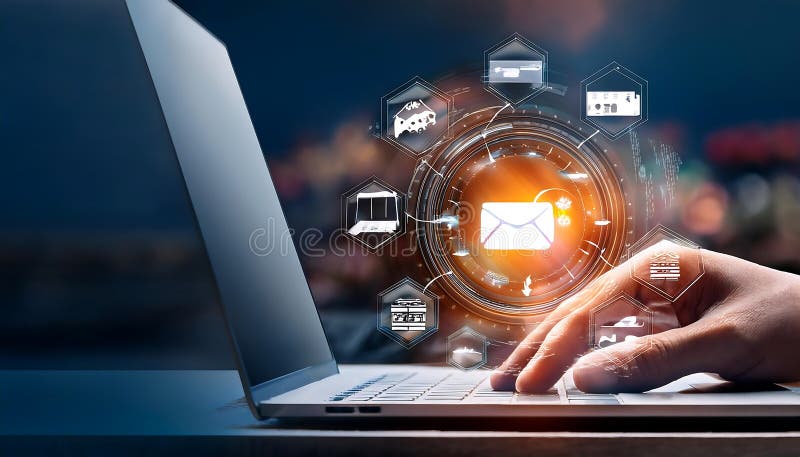 Computer Concept and Icons on Laptop. Modern Technology Keyboard with ...