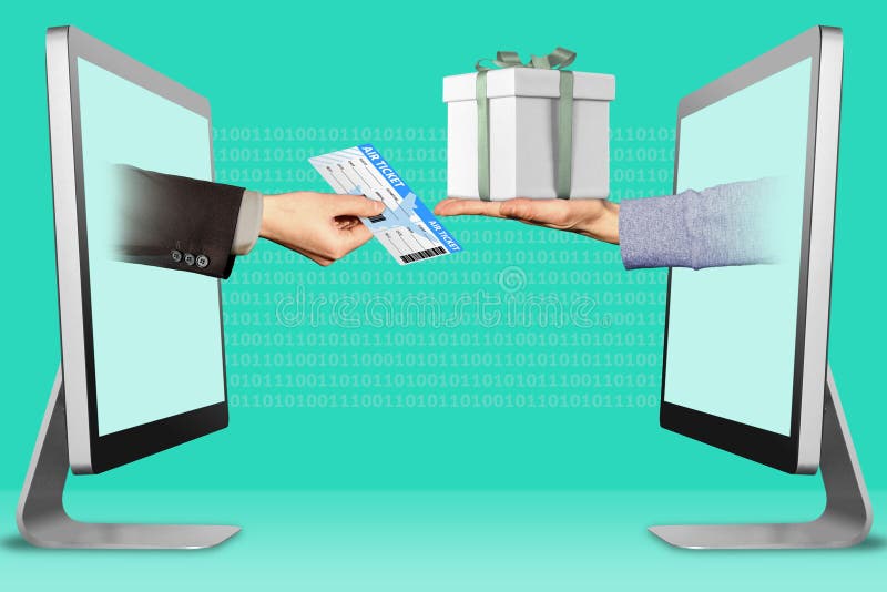 Computer Concept, Two Hands from Computers. Air Ticket and Hand with ...
