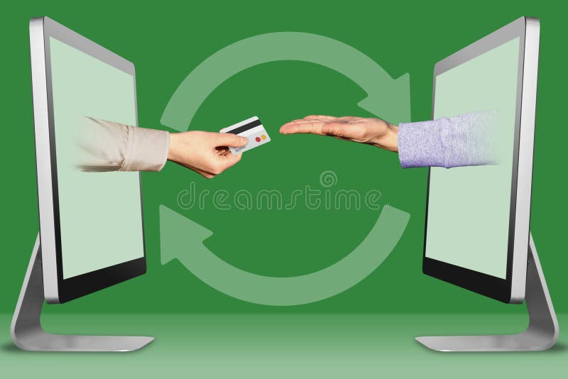 Computer Concept, Two Hands from Computers. Hand with Credit Card and ...