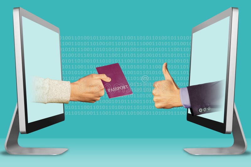 Computer Concept, Two Hands from Computers. Passport and Thumbs Up ...