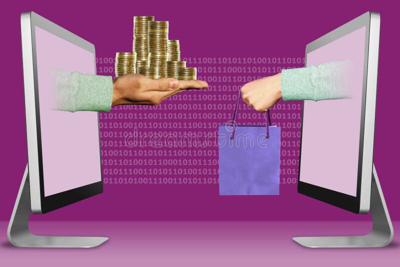 Computer Concept, Two Hands from Computers. Pile of Coins and Hand with ...